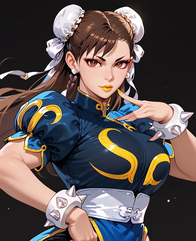 Woman, long hair, brown hair, big breasts, Chun li, yellow lipstick ...