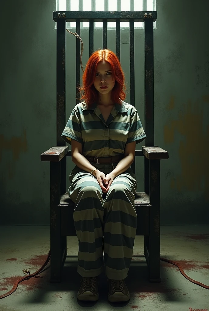 Female inmate, in the eletric chair, wearing a striped uniform - SeaArt AI