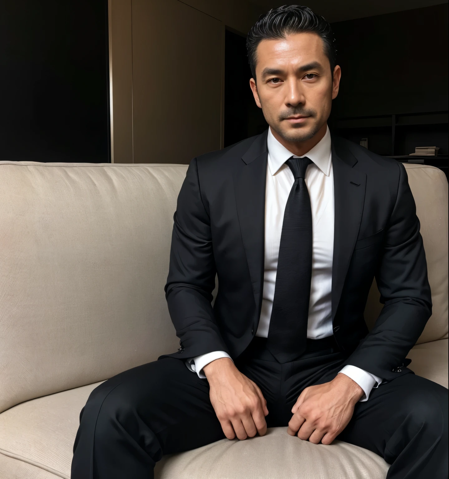 Arafed man in a suit sitting on a couch in a room - SeaArt AI