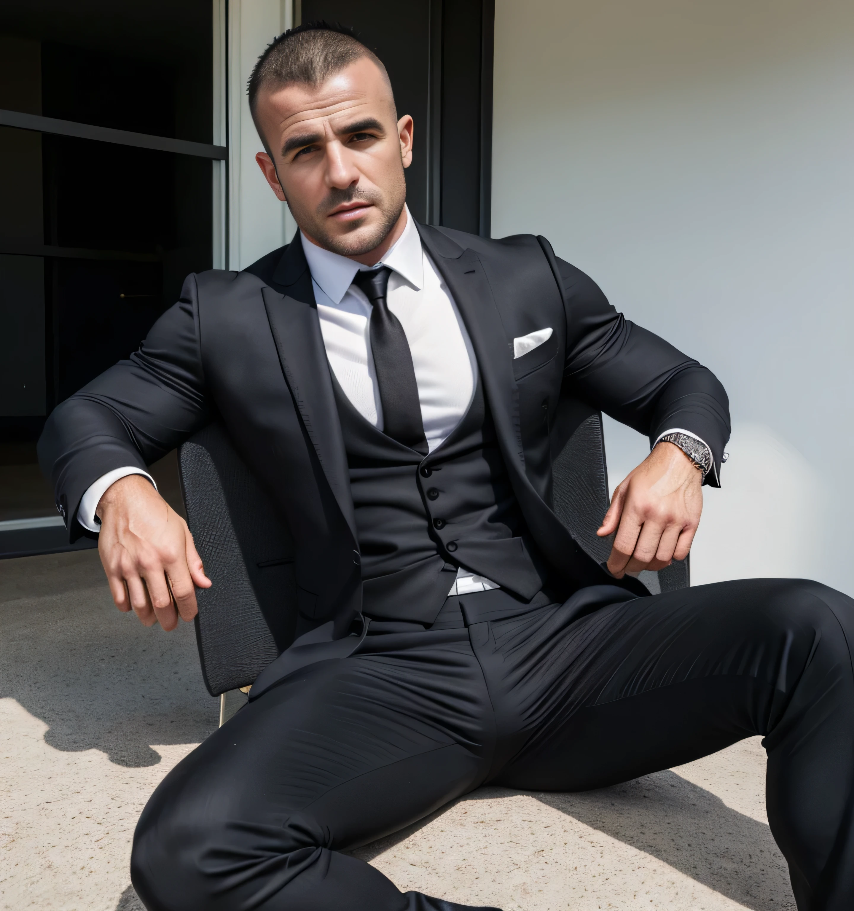 Arafed man in a suit sitting on a chair in front of a building - SeaArt AI