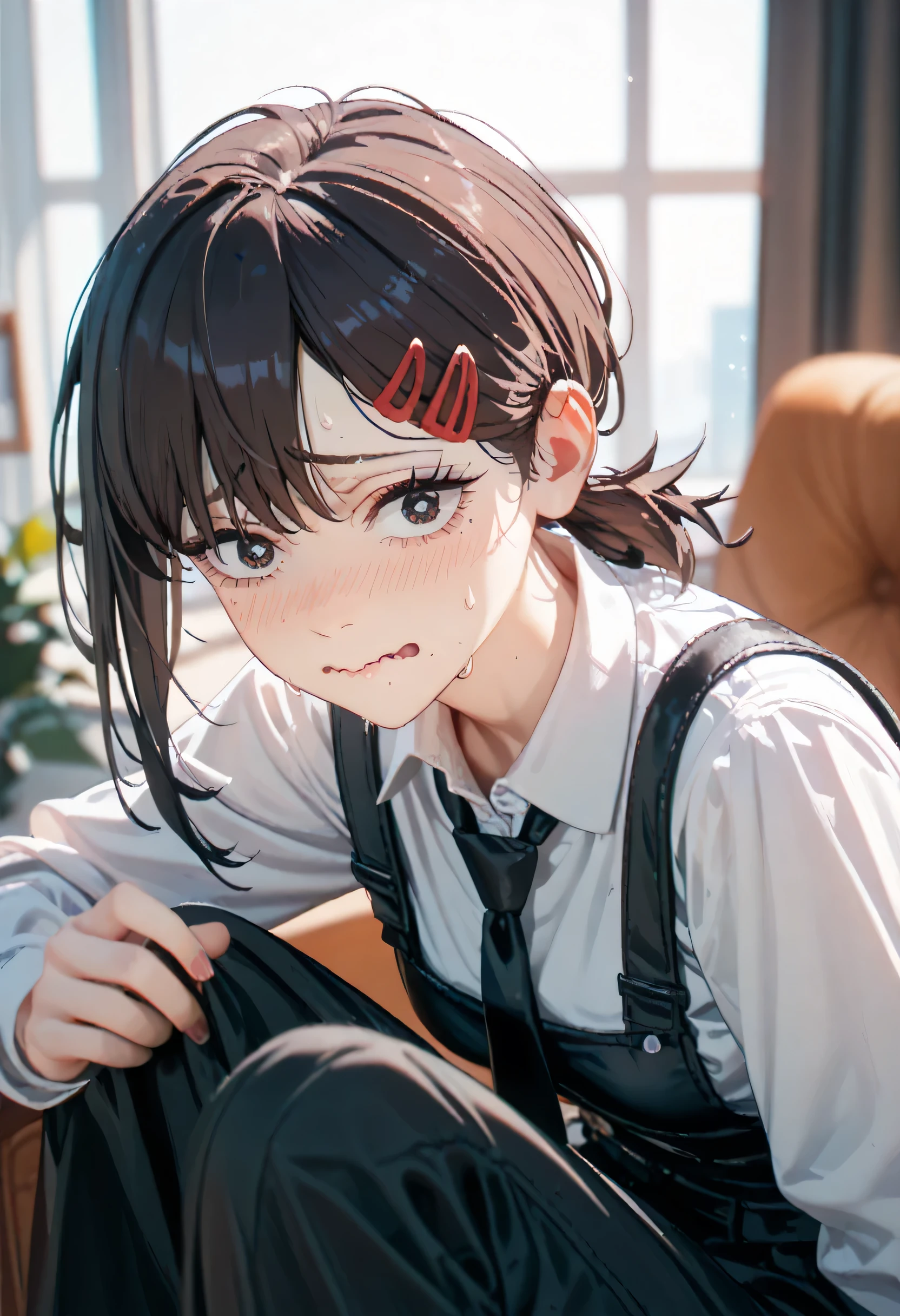 Anime girl with long hair and black suspenders sitting on a chair ...