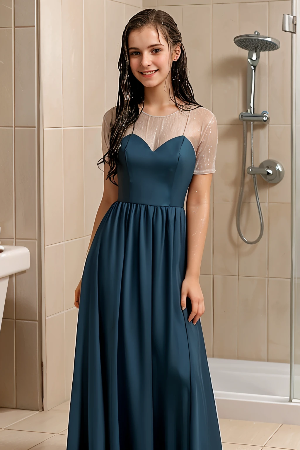 Arafed girl in a blue dress standing in a shower - SeaArt AI