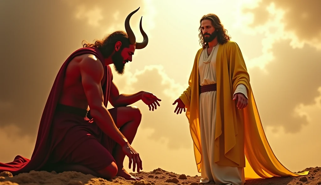 cinematic image of Jesus Christ , with a yellow robe and bench ...