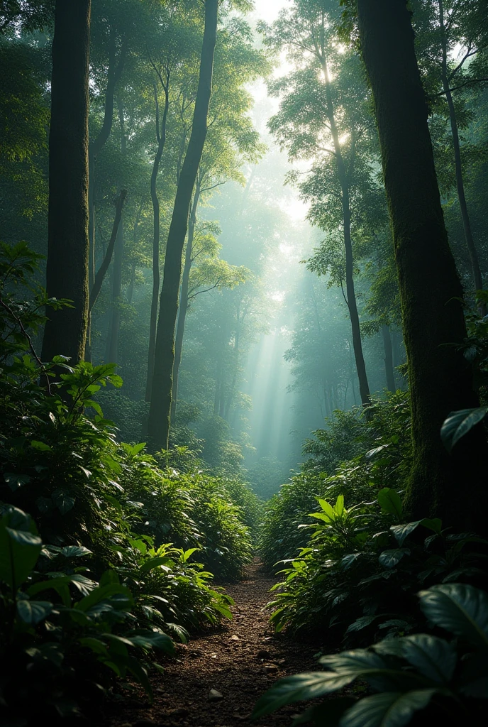 Dense jungle with towering trees and thick vegetation, deep in the ...