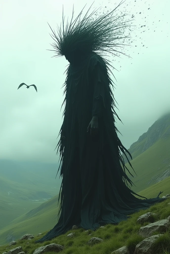 "A tall, mysterious figure cloaked in black fabric stands on a grassy ...