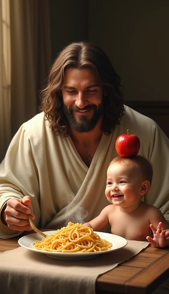 Jesus, Sitting down eating pasta , smiling, a plate full of pasta on ...