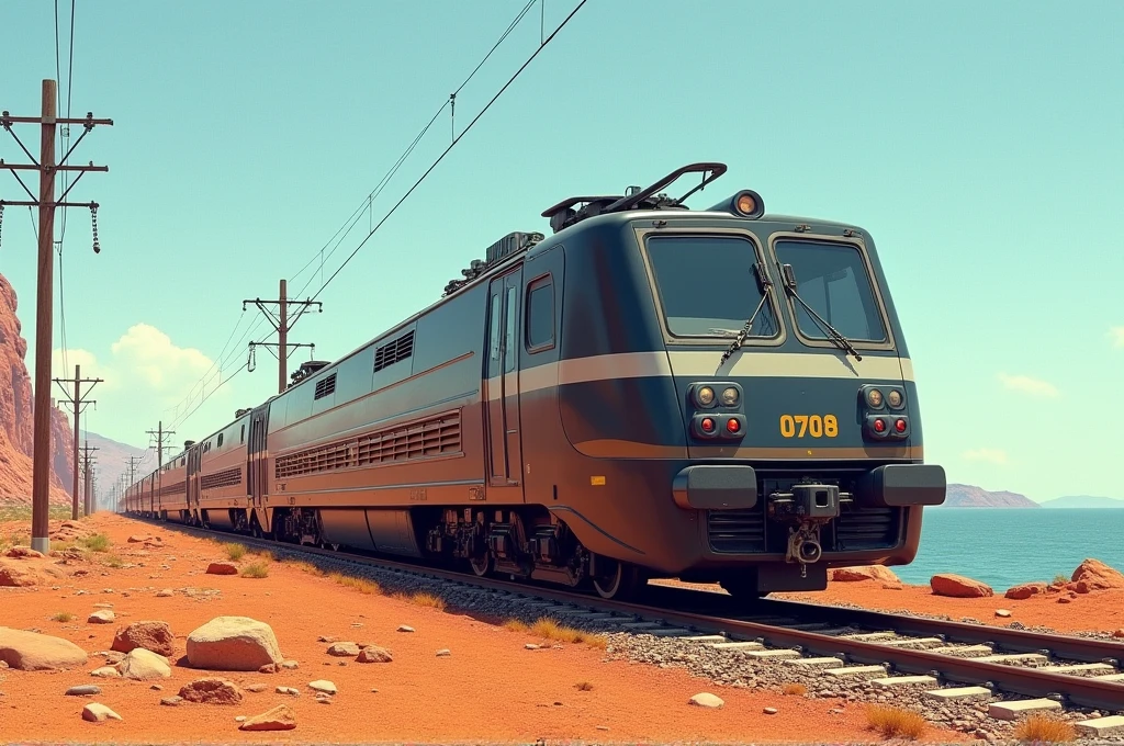 Realistic, 60s style powerful locomotive travelling through an orange ...