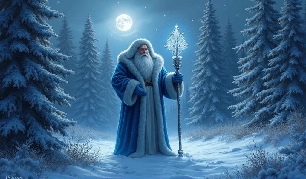 Russian Father Frost stands with one silver frosty staff in a blue fur ...