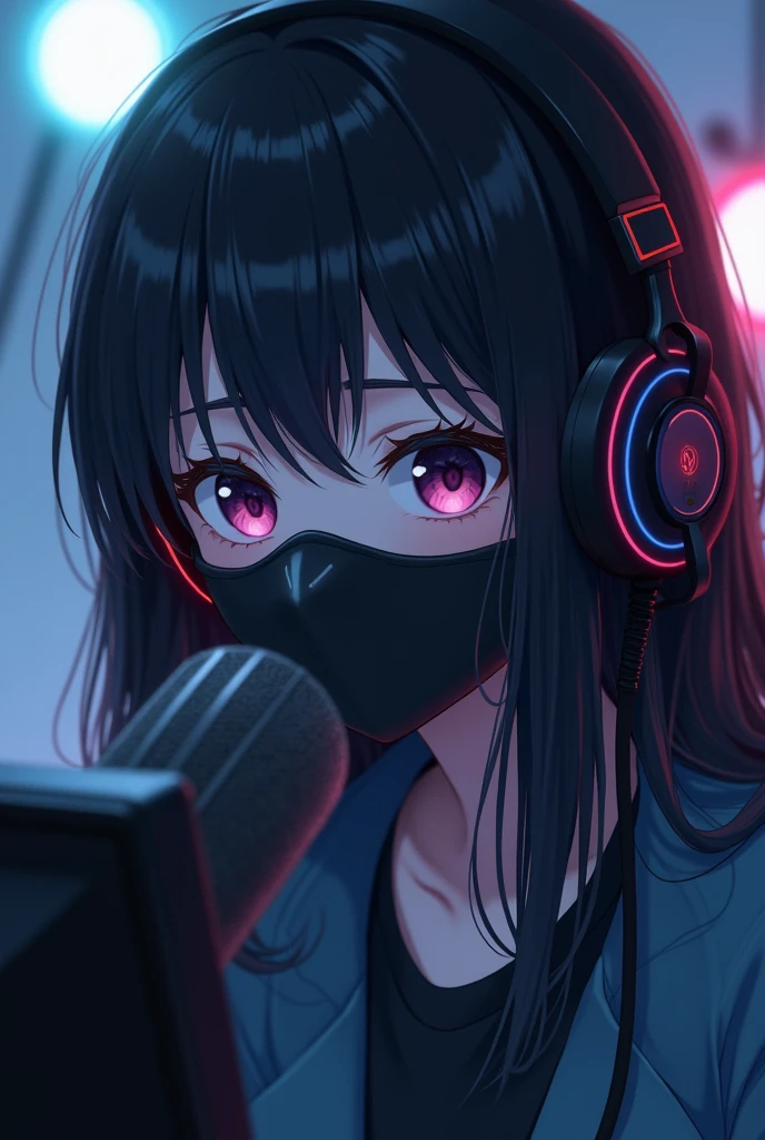 Create anime girl with black mask who look at screen and wear headphone ...