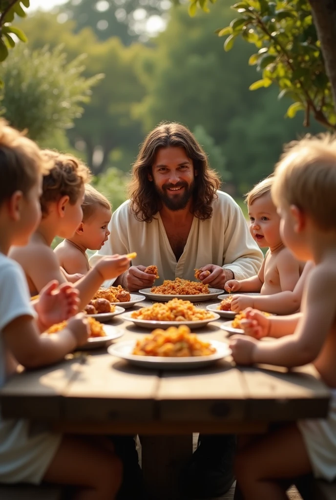 Create an ultra-realistic image of Jesus with 6 babies sitting on a ...