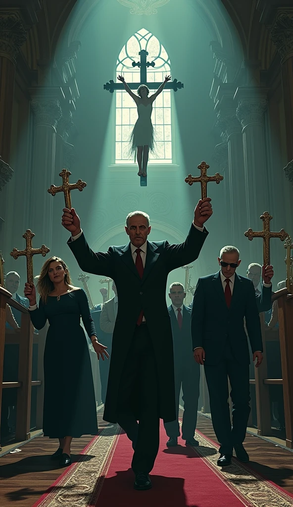 Illustration, dark comic style, hyperrealistic, of a very conservative ...