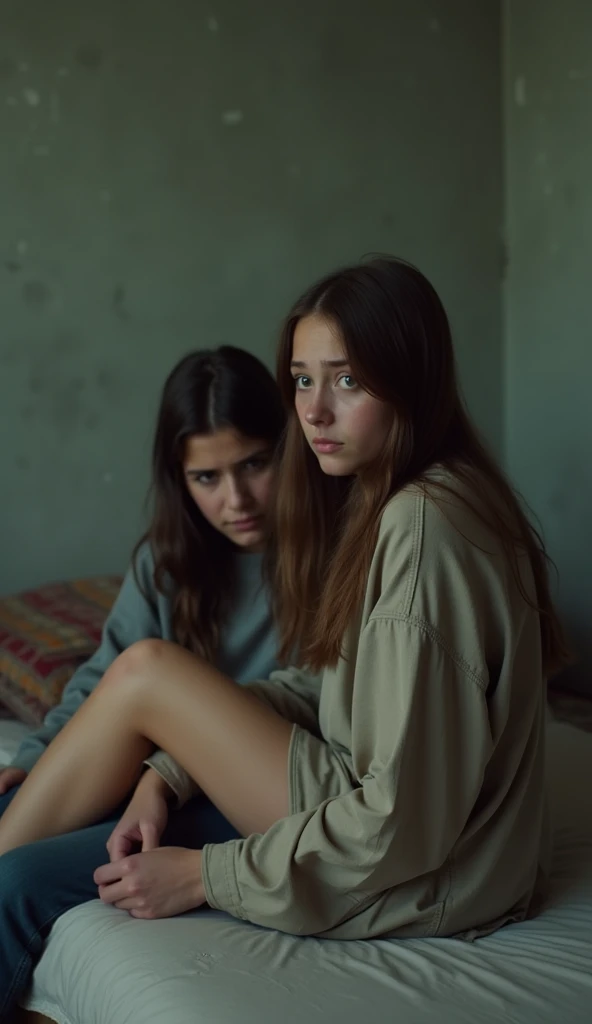 A teenager sitting on the bed with a sad and introspective expression ...