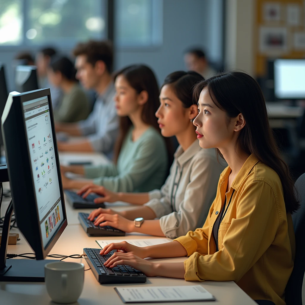 People sitting on computers - SeaArt AI