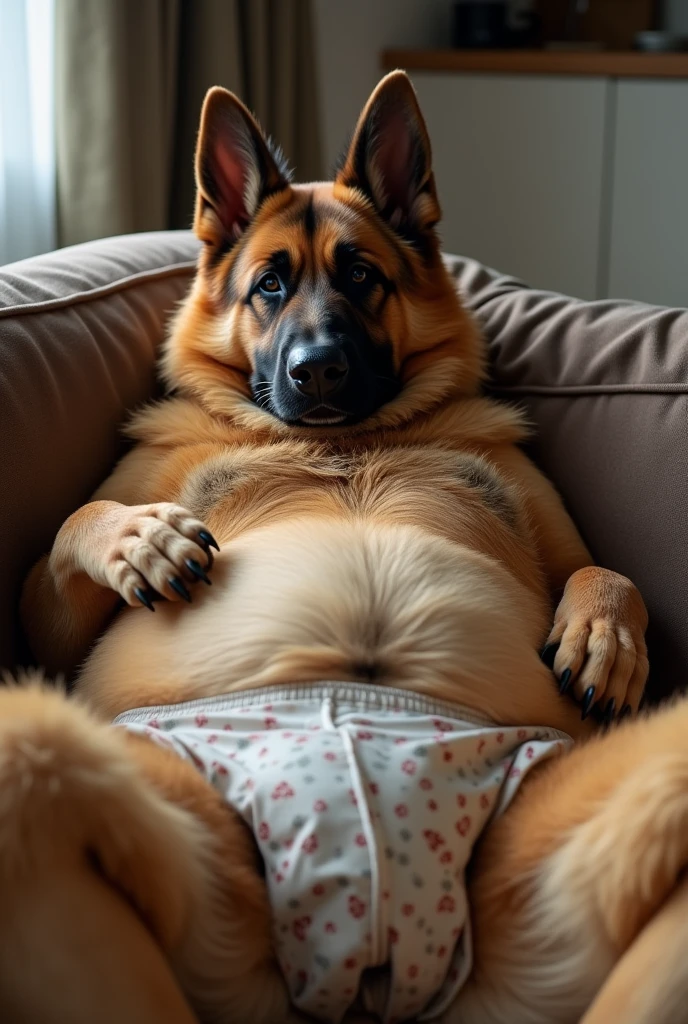 Fat german shepherd wearing underwears while on the couch lazyli eating ...