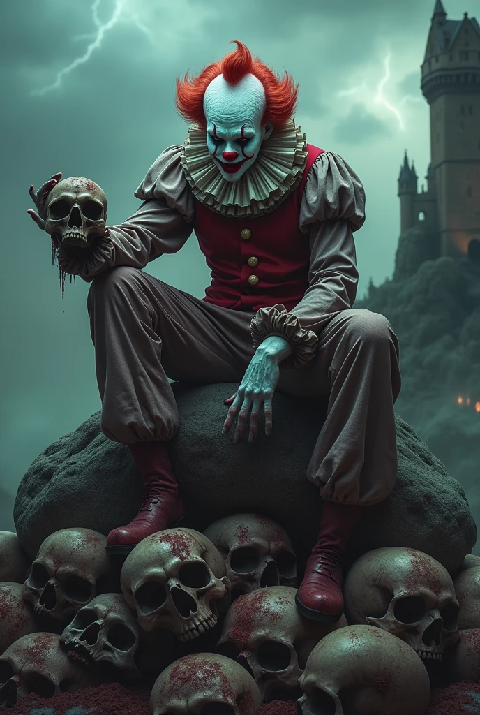 A clown evil with mean face long thin fingers with pointed fingernails ...