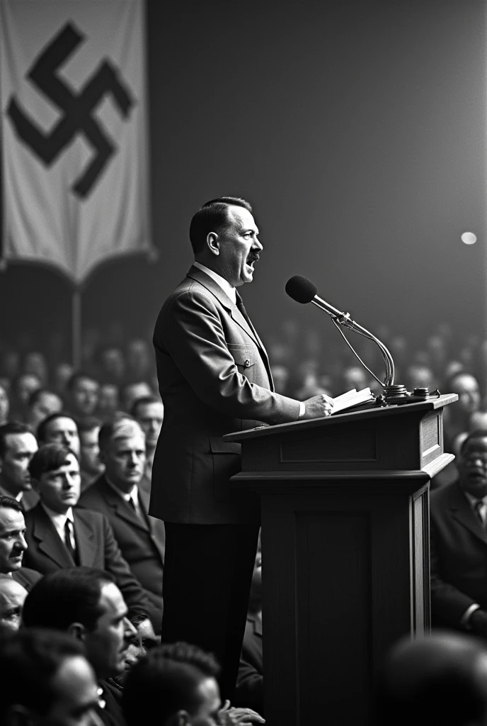 Adolf Hitler standing on a stage in a crowded hall, passionately ...
