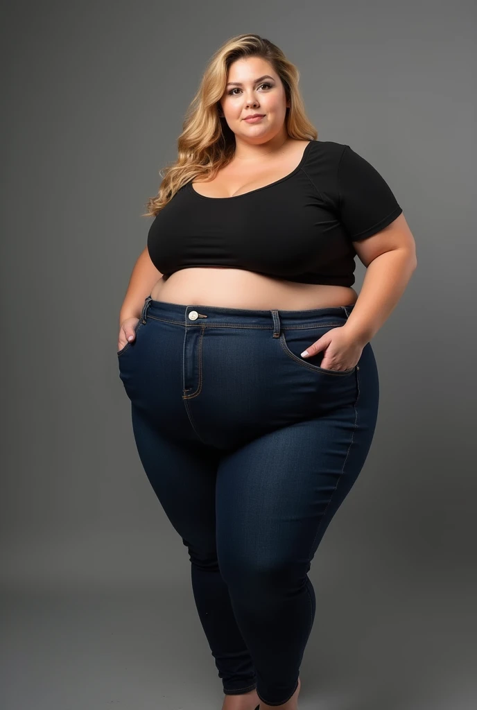 6 foot tall plus-size model with black crop top and tight dark blue ...