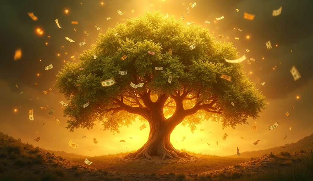 A flourishing tree with branches full of luminous money notes - SeaArt AI