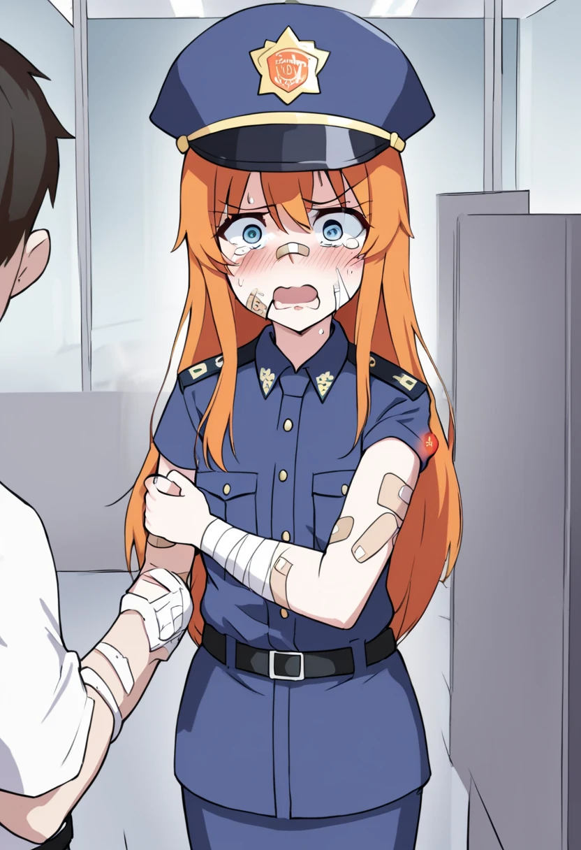 A girl,orange hair,long hair,police cap,police costume,casts on arm ...