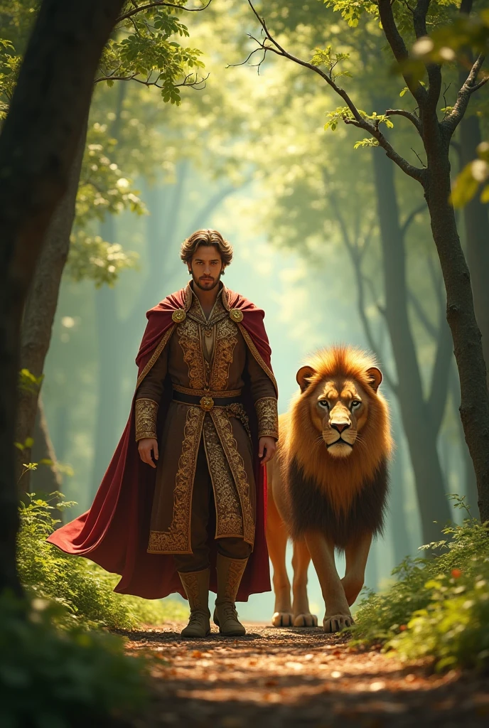 A prince walking with a dashing lion in the forest walks towards the ...