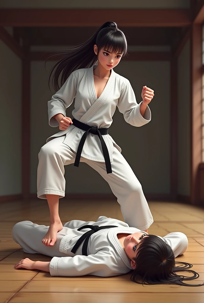 A karate girl with her foot resting on the face of another karate girl ...