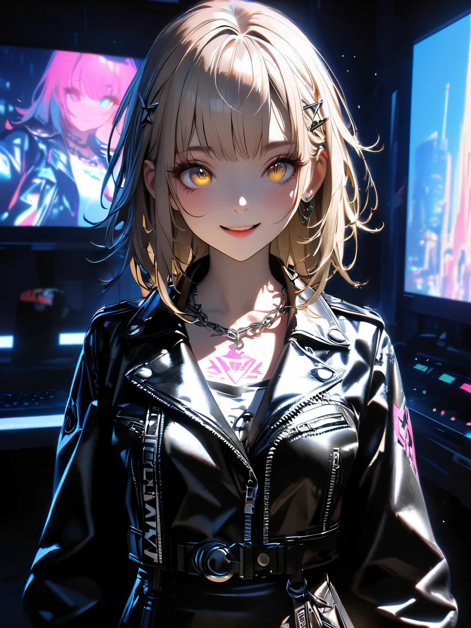 Anime girl in black leather jacket standing in front of a computer ...