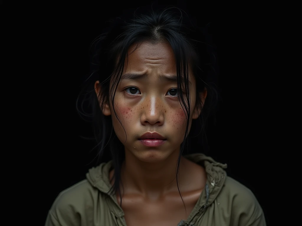 A poor Asian in slum looking at camera clothes all dirty and crying ...