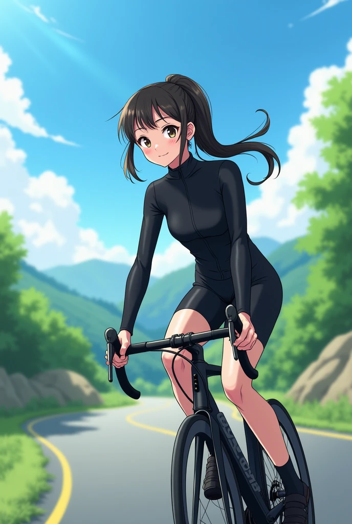 Generate a picture of anime Korean school girl in black color cycle ...