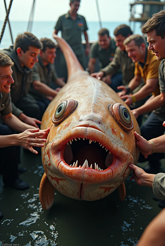 A mutated fish was on a ship and people around looked at it and some ...