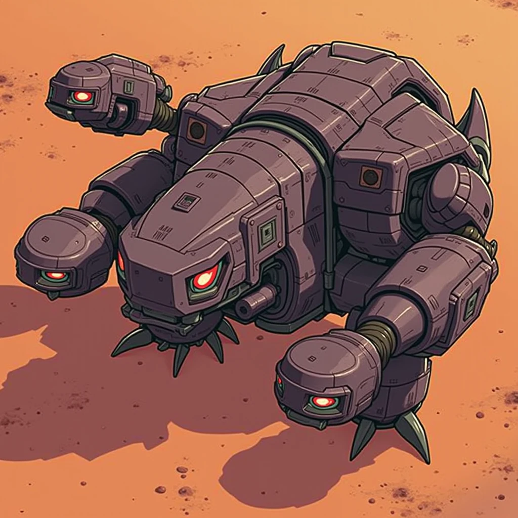 A giant, floating disembodied three-headed sentinel robot with red eyes ...