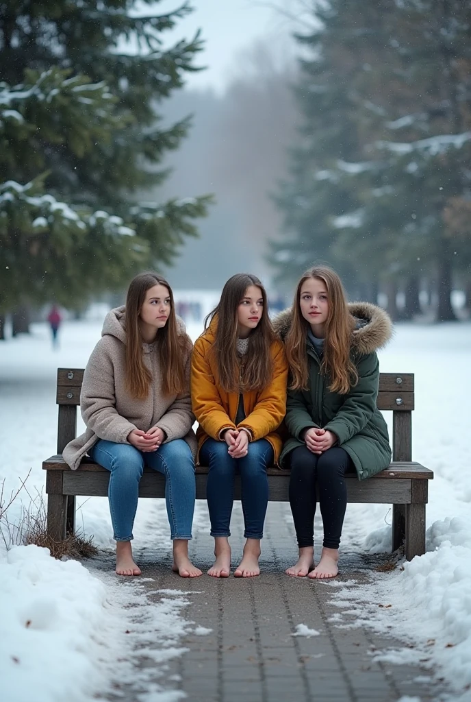 Realistic photo, Three barefoot teenage girls sitting on bench in park ...
