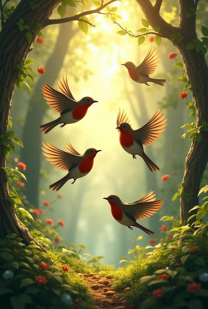 A flock of Robins flying free in the forest --ar 9:16 --stylize 750 ...