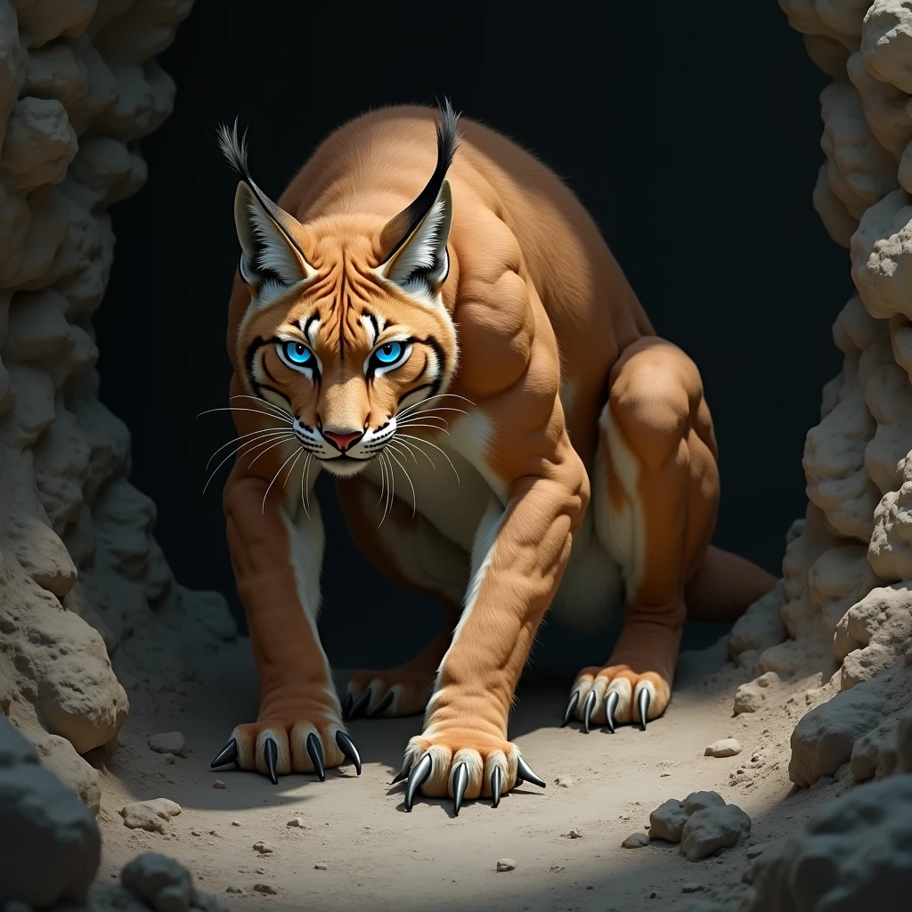 A lean lynx with sharp claws and piercing blue eyes, crouching low and ready to - SeaArt AI