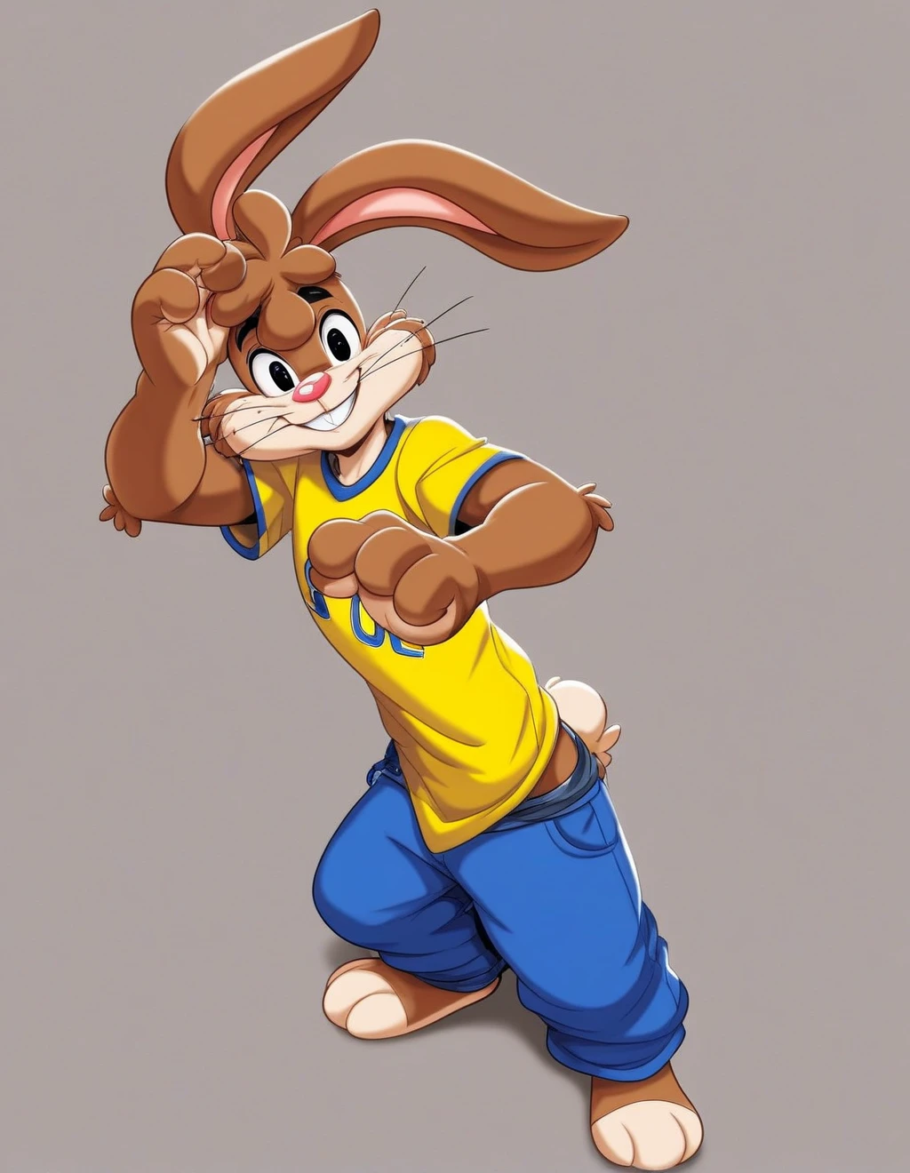 ZPDXL3,quicky,4 fingers,brown fur,pants, yellow shirt, standing - SeaArt AI