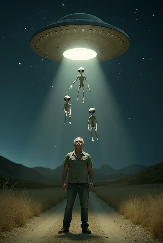 Realistic photograph of a UFO, from which small gray beings with black ...