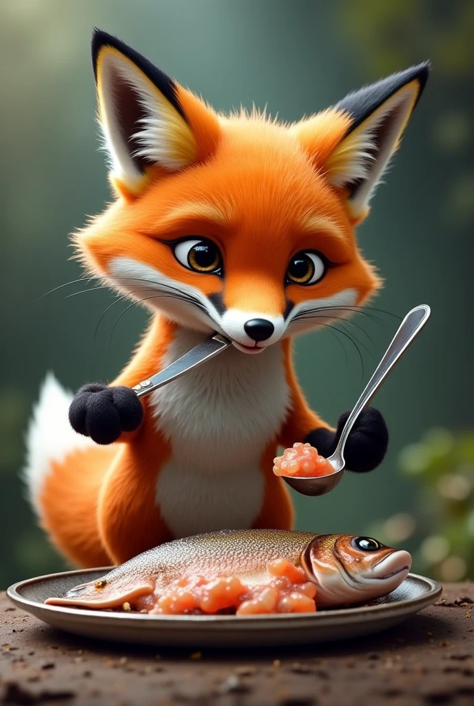 A fox is eating cooked fish by using knife and spoon - SeaArt AI