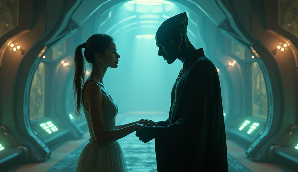 "An intense sci-fi scene set in a glowing alien temple with floating ...