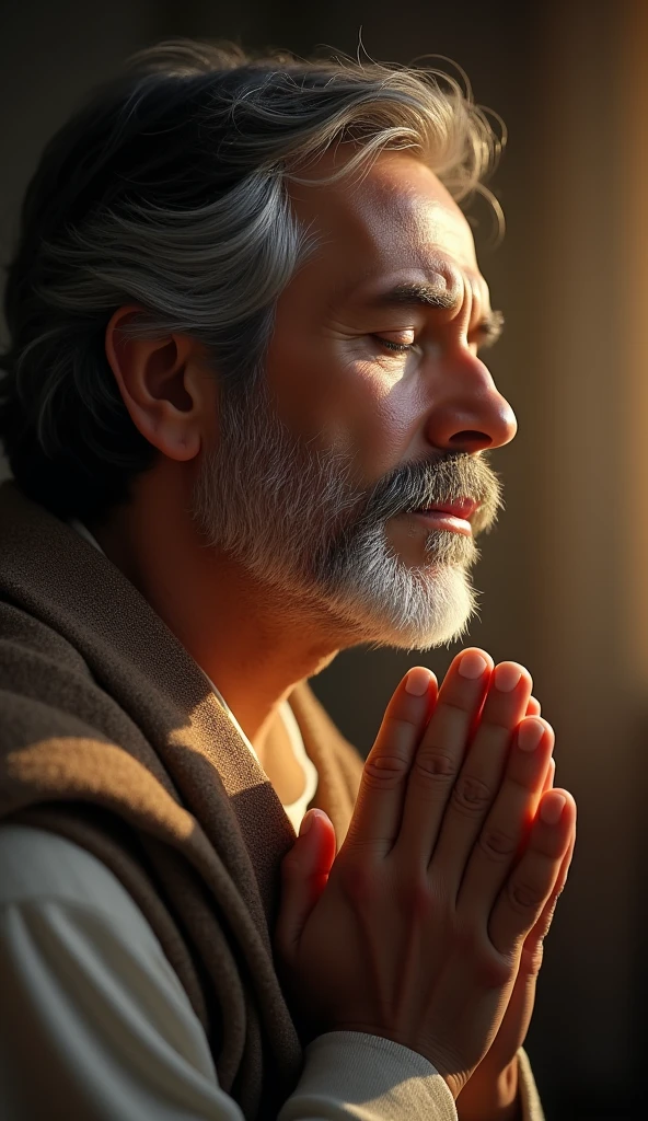 A close up of Daniel praying fervently in a simple environment - SeaArt AI