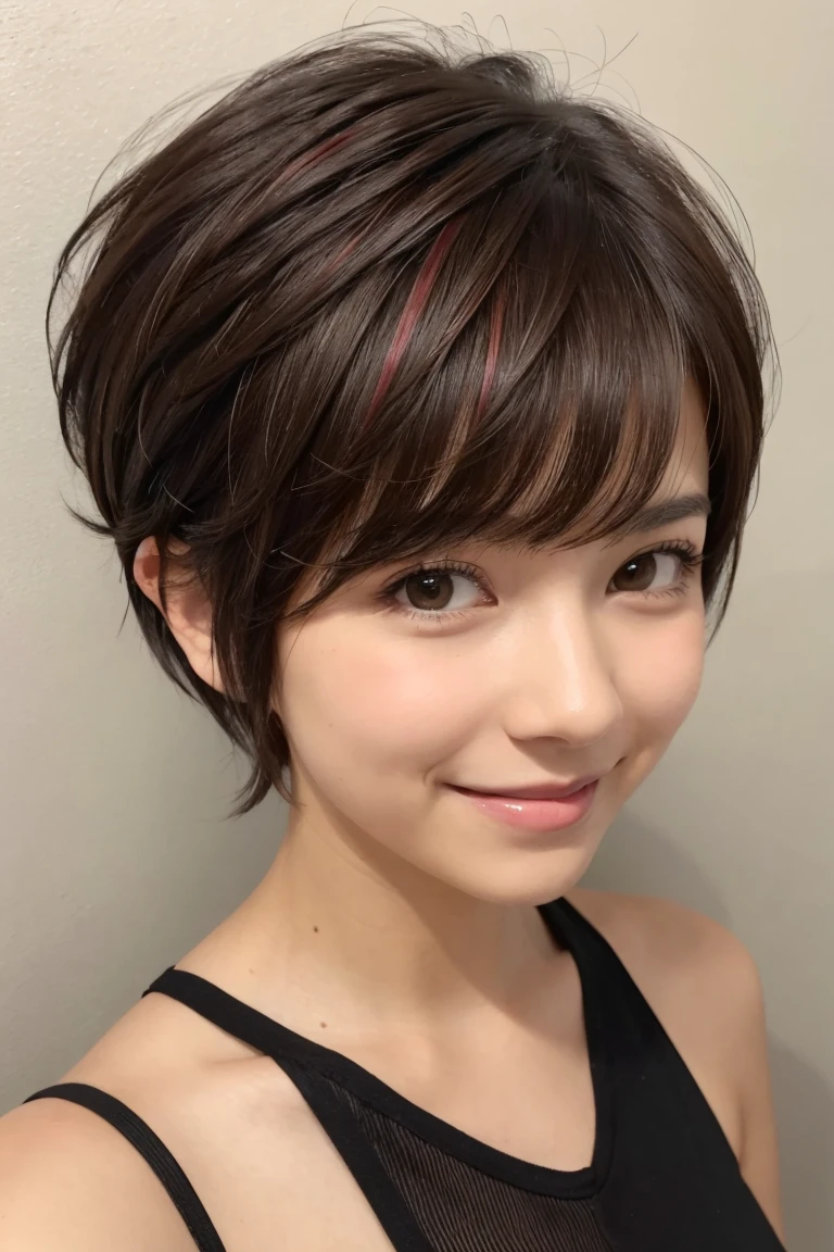 Ultra-short pixie cut, Wavy Hair, side bangs, dark brown hair streaked ...