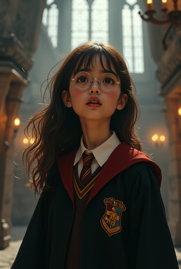 Generate a picture of a girl with eye glass, in harry Potter series ...