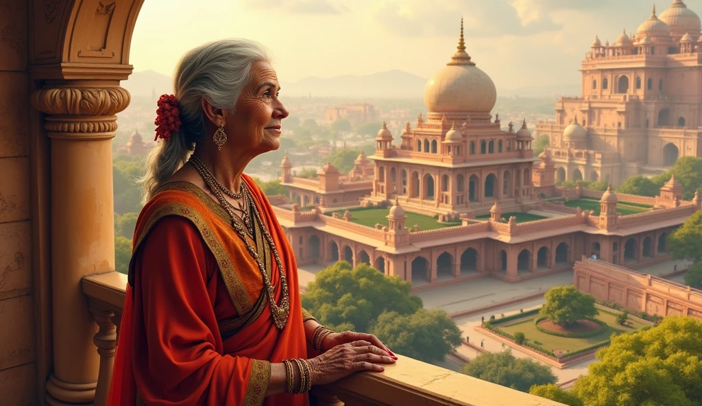 "Depict an older Rani Ganika standing on a palace balcony, gazing over ...