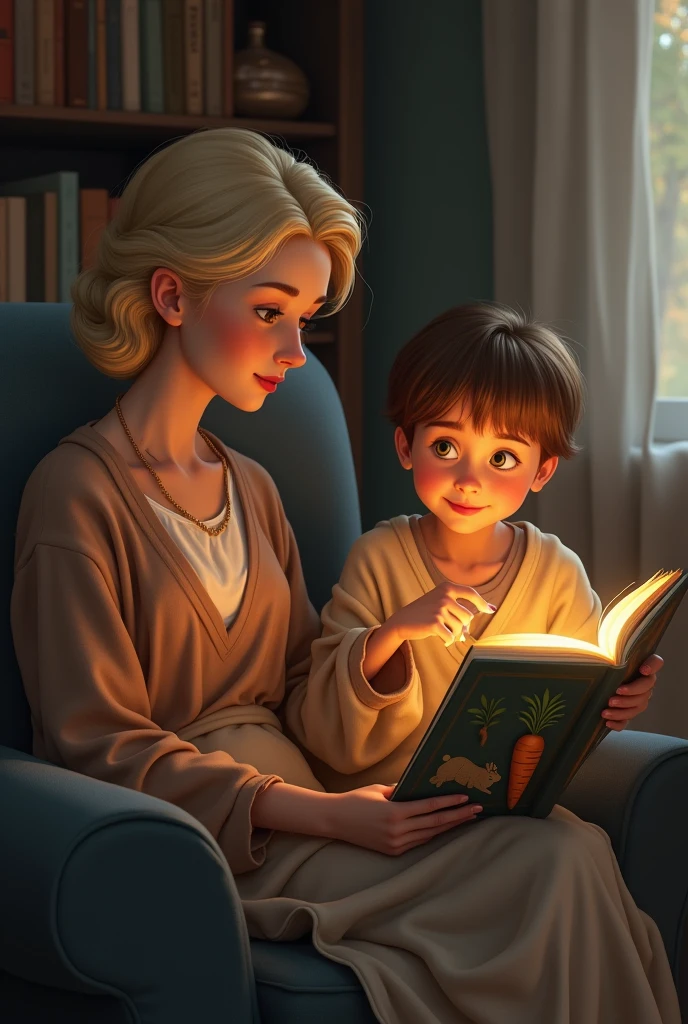The bedroom is dimly lit. Grandma takes a thick, illustrated storybook ...
