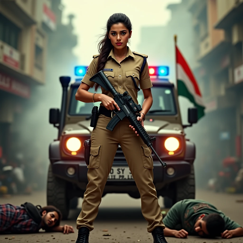 A powerful female police officer standing confidently in the middle of ...