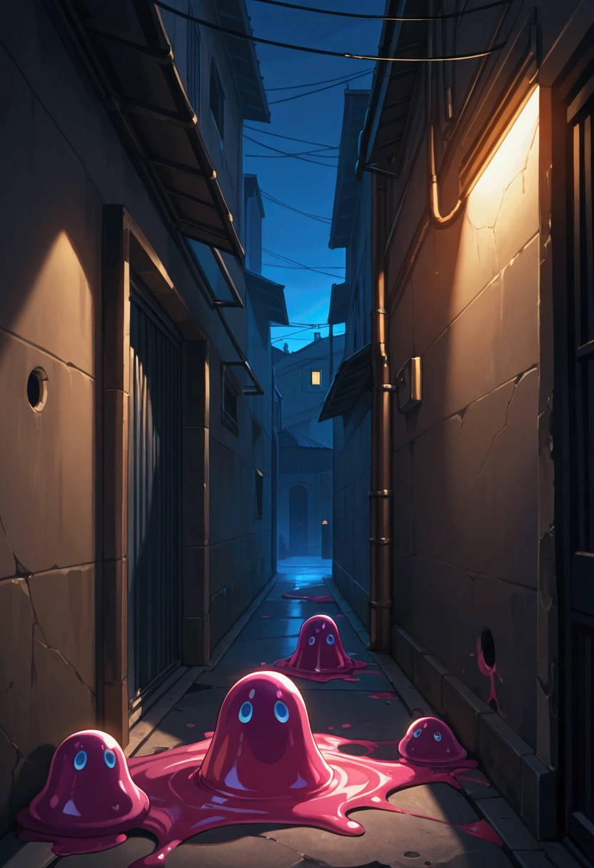 Dark alley at night, evil slime monster exploded with bullet holes and ...
