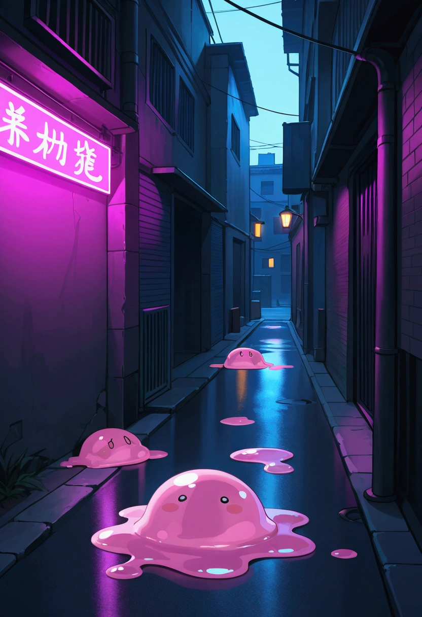 Pink slime puddle in an at night in an alley - SeaArt AI