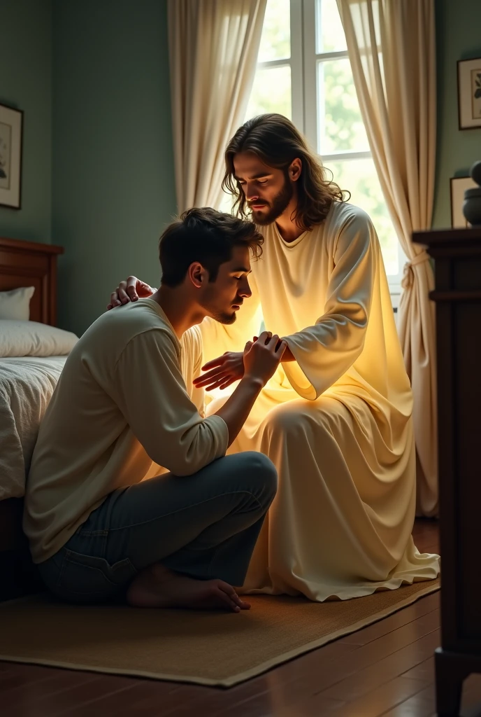A young man crying in his room and without him realizing Jesus from the ...