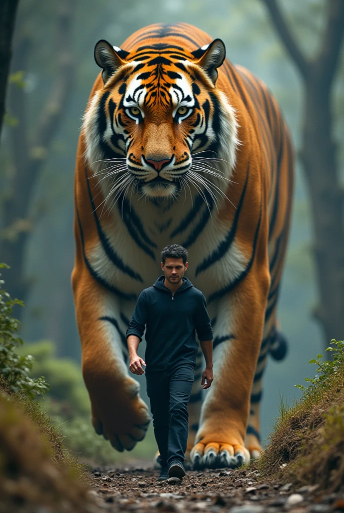A man dressed in black casual and walking along with a very giant tiger ...
