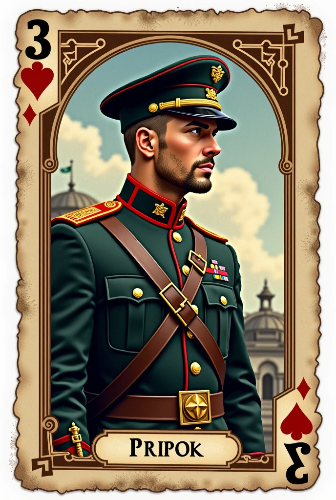 A close up of a playing card with a picture of a soldier, a screenshot ...