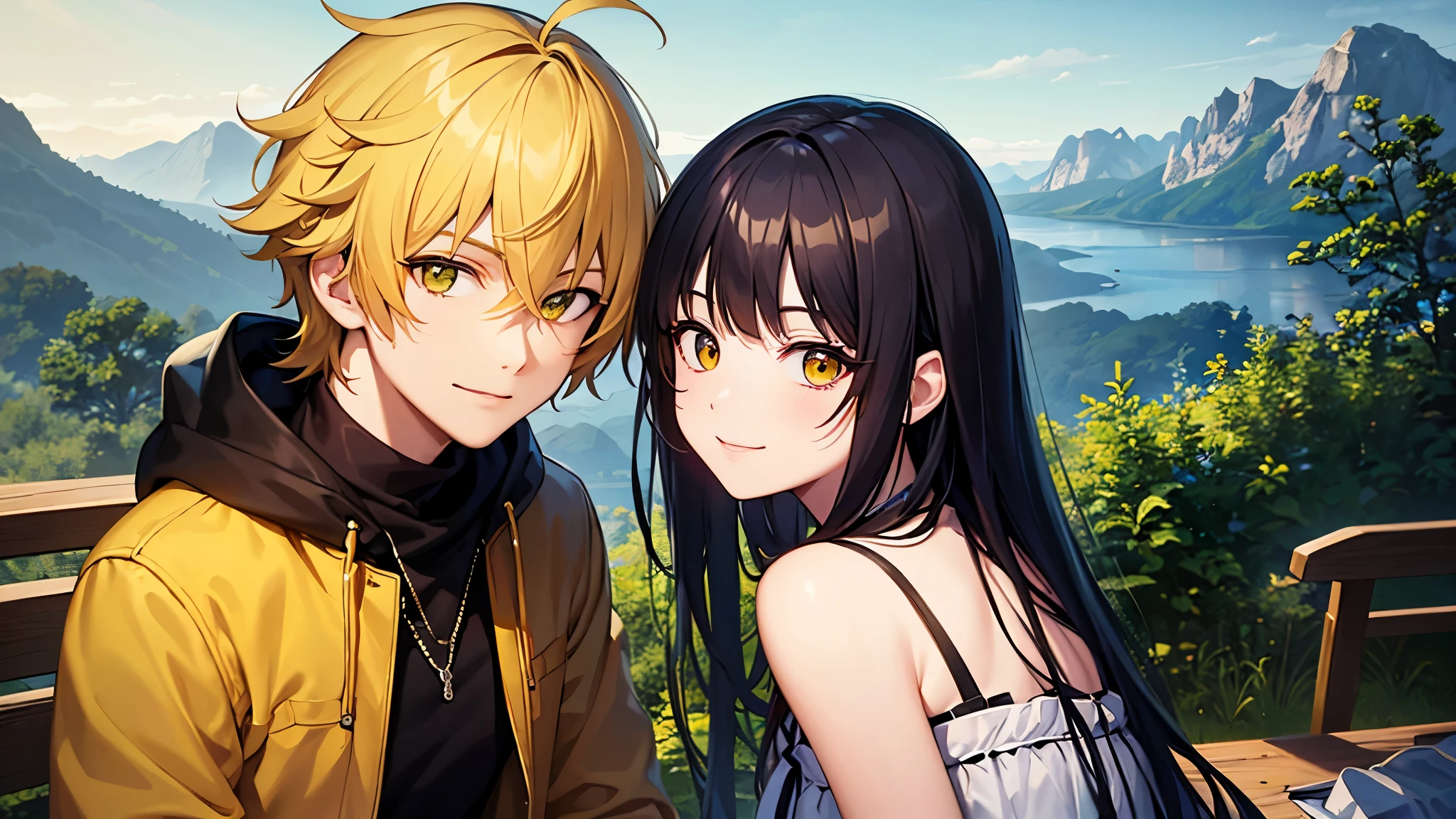 Anime couple sitting on a bench overlooking a lake and mountains ...