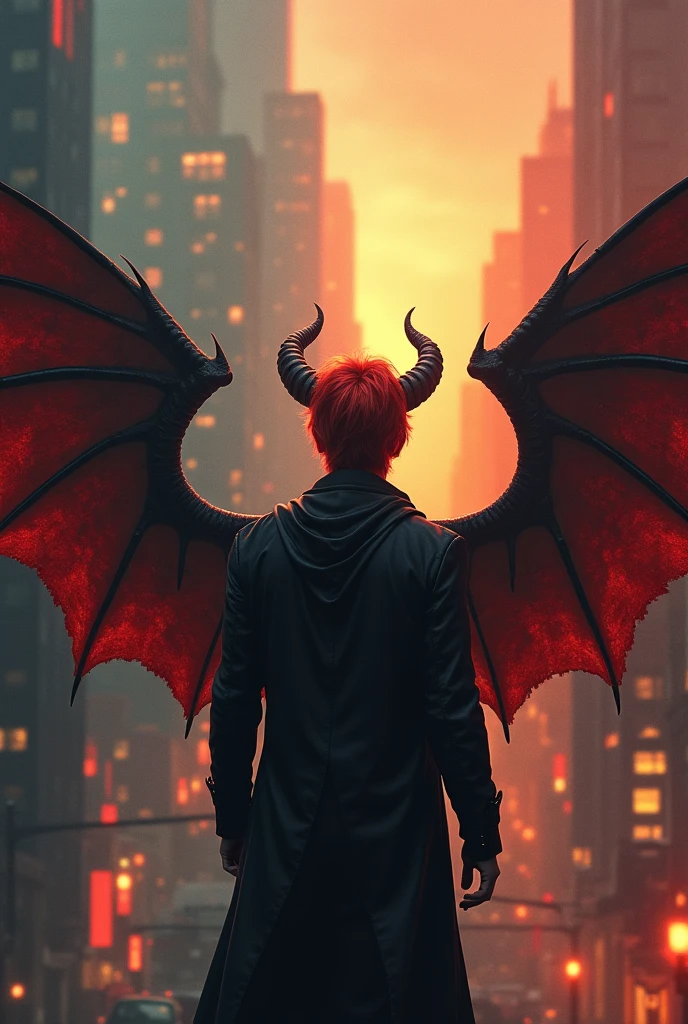 Realistic photo of a red-haired man , with dragon wings and horns ...